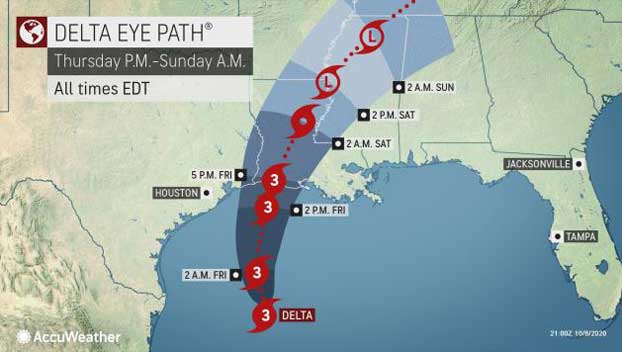 Hurricane Delta strengthens back up to Category 3, churns toward U.S ...